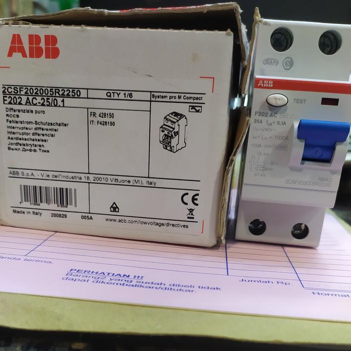 Jual ELCB/ RCCB F202AC-25/0.1 25A 2Phase 100MA merk ABB - Jakarta Pusat ...