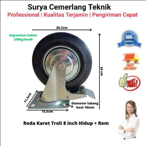 Jual Roda troli troly karet hidup Rem 8 inch roda trolley estalase ...