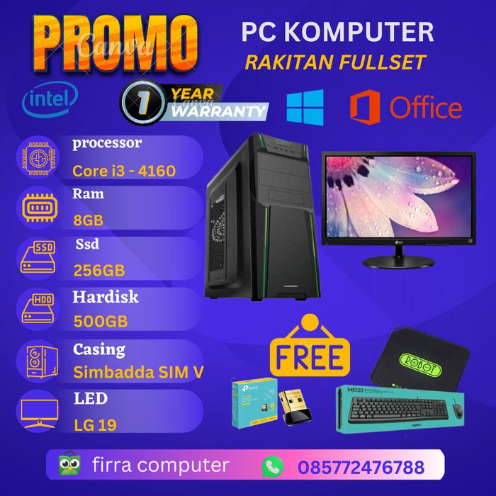Jual PC KOMPUTER RAKITAN FULLSET/CORE I3 4160/8GB/SSD 256GB/HDD500/LG ...