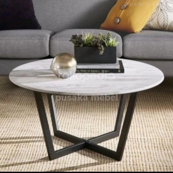 Jual coffe table marmer putih asli, meja tamu bulat marmer putih kaki ...