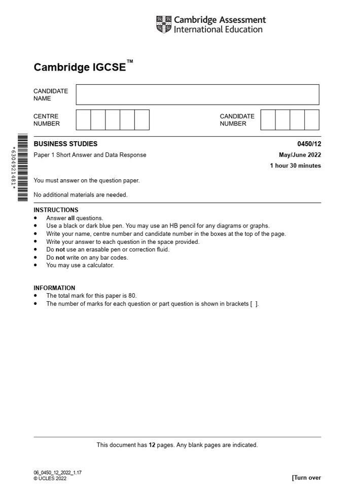 Jual IGCSE Business 0450 2021 - 2022 May/June past papers and mark ...