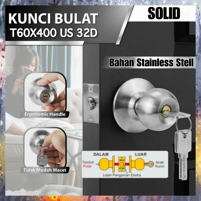 Jual Handle Kunci Bulat Pintu Solid T60x400 US 32D/Kunci Pintu Kamar ...