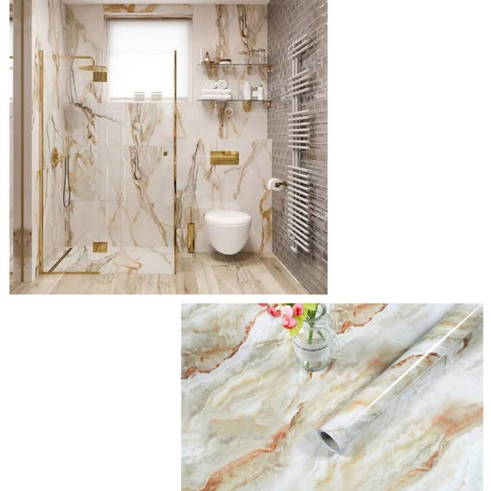 Jual wallpaper sticker dinding kamar mandi waterproof motif marmer gold ...