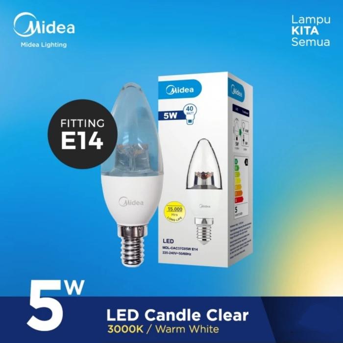 Jual Midea Lampu Candle LED Clear 5 Watt Kuning 3000K Fitting E14 - Kab ...