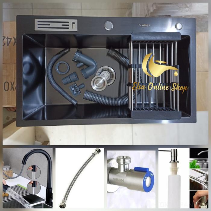 Jual Paket Lengkap Kitchen Sink WINGS 7545 Hitam Kran Tarik Panas ...