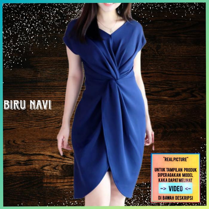 Jual baju gaun pesta wanita blouse natal scuba party midi dress biru ...