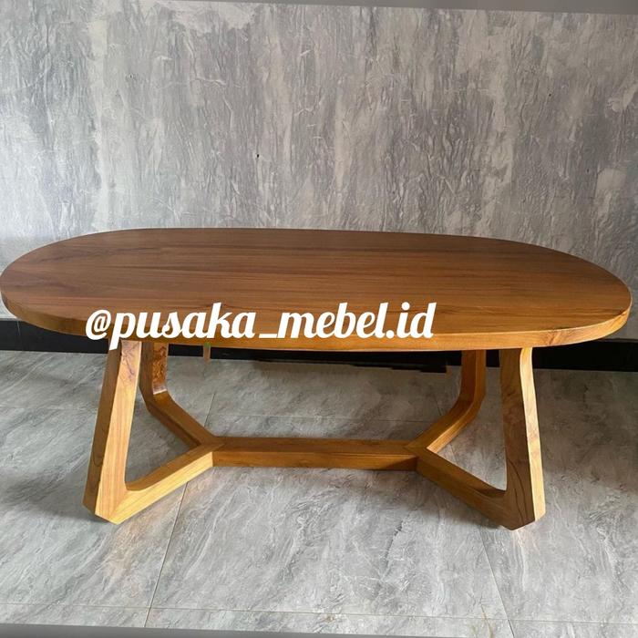 Jual meja tamu oval kayu minimalis, meja lesehan kayu oval, coffe table ...