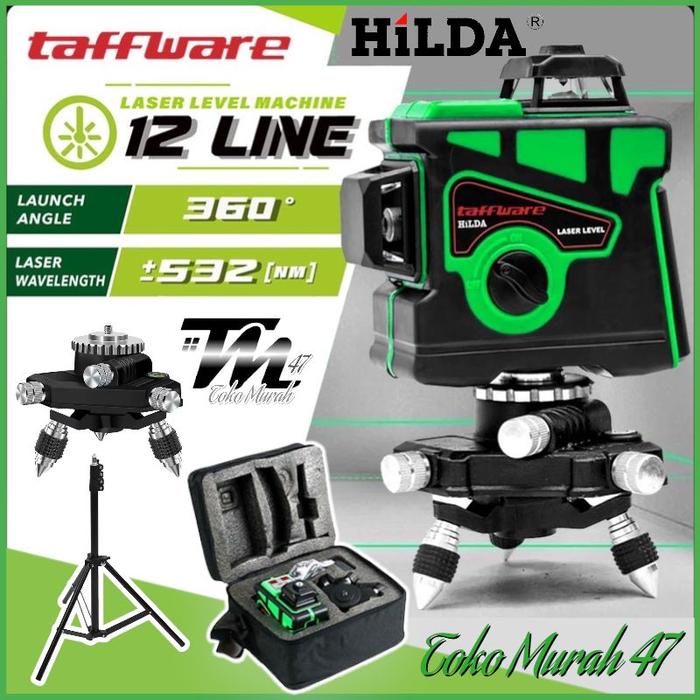 Jual Laser Level 12 Line Taffware Hilda Mesin Self Leveling 3D + Tripod ...