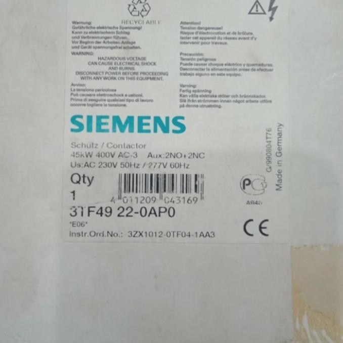 Jual Contactor/Kontaktor Siemens 3Tf49 22-0Ap0 220V Original Germany 💯 ...