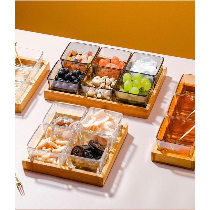 Promo Glass Snack Platter wooden Tray / Tempat snack kaca dengan nampan ...
