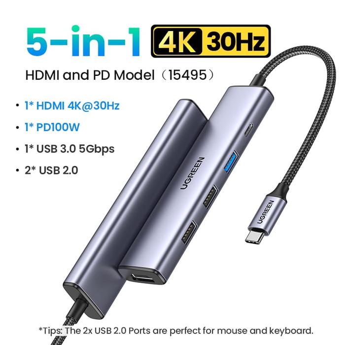 Jual Ugreen 5 in 1 5Gpbs USB-C To USB 3.0/2.0 HUB HDMI 4K 30Hz PD100W 15495 - Jakarta Pusat ...