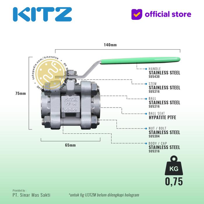 Promo Ball Valve 3-Piece SUS316 KITZ Fig. 1000 AK/U3TZM , Drat / Screw - 1/2" - 15mm Cicil 0% 3x ...