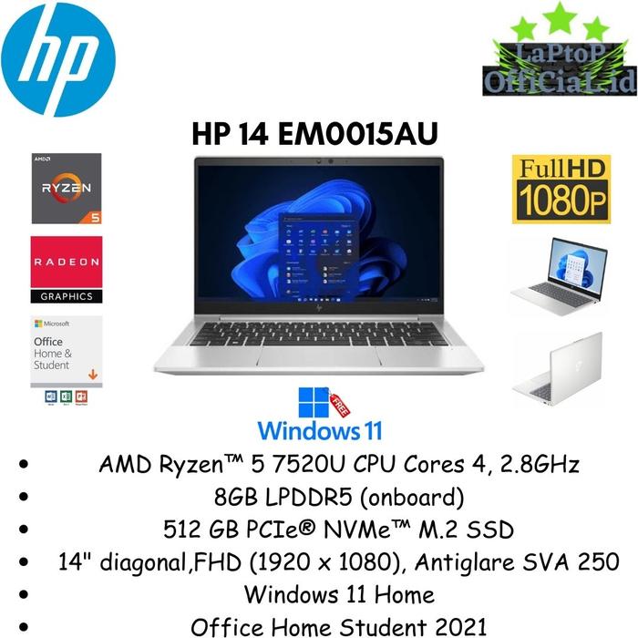 Jual LAPTOP HP 14 EM0015AU/EM0016AU AMD Ryzen 5-7520U 8GB 512GB 14" FHD ...
