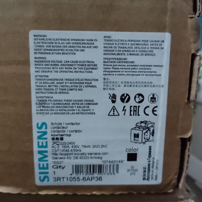 Jual Contactor Siemens 3Rt1055-6Ap36 220V 150A 75Kw 2No 2Nc Original ...