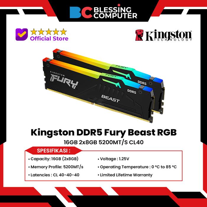 Promo RAM Kingston DDR5 Fury Beast RGB 16GB 2x8GB KF552C40BBAK2-16 5200MT/S Cicil 0% 3x - Kota ...