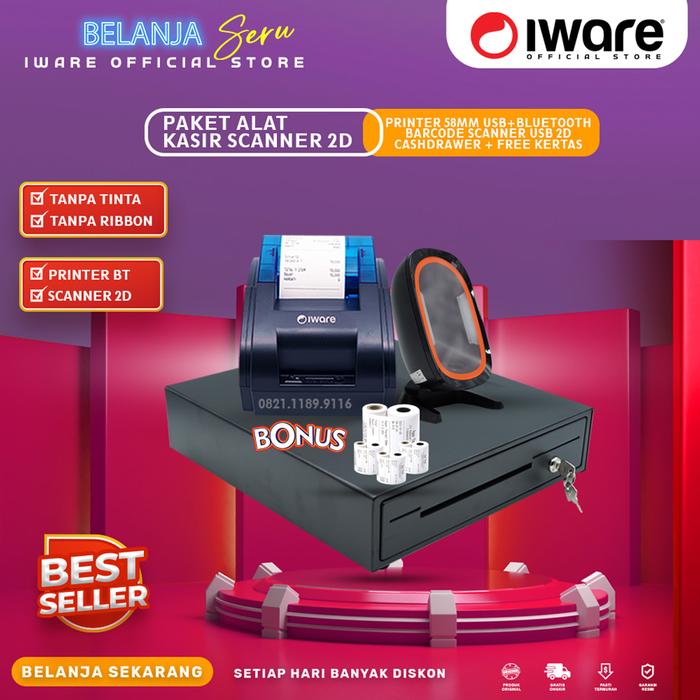 Promo Paket Alat Kasir Thermal 58mm Printer BT+Scanner 2D+Cashdrawer RJ ...