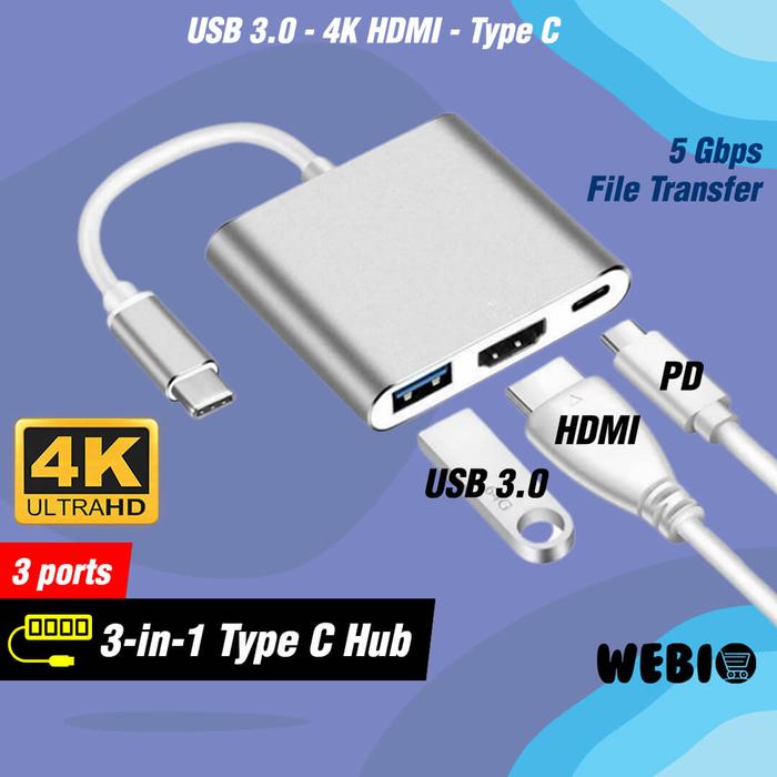 Promo Kabel Hub 3 in 1 Type C to HDMI Converter 4K Adapter Laptop HP ke ...