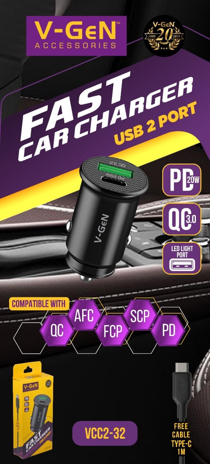 Jual Car Charger V-GeN VCC2-32 Dual Fast Charging QC 3.0 PD 20W USB ...