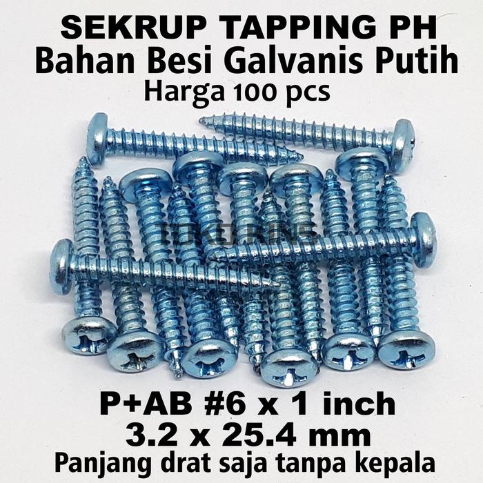 Jual Sekrup PH 6 x 1 " 100 pcs Tapping PAB Skrup 3 x 25 mm obeng plus ...