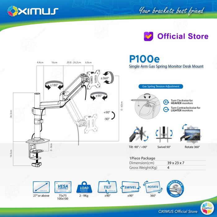 Jual BRACKET MONITOR DESKMOUNT GAS SPRING OXIMUS P100e TILT SWIVEL ...