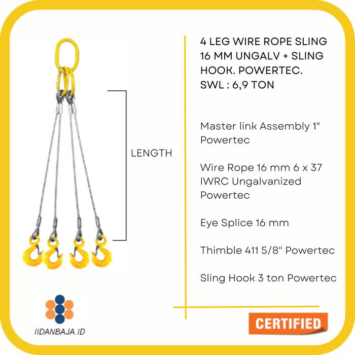 Jual 4 LEG WIRE ROPE SLING 16 MM UNGALV + SLING HOOK. SWL 6,9 TON ...