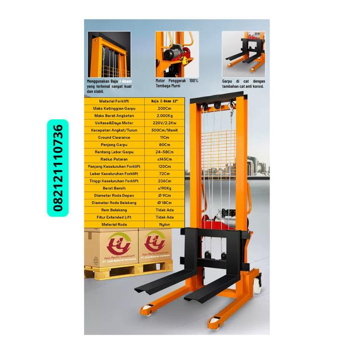 Jual Hand Stacker Electric / Forklift Electric 2 Ton 2 Meter Hand lift ...