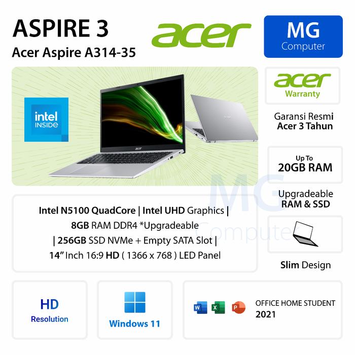 Jual ACER Aspire 3 A314-35 Intel N5100 RAM 8GB/256GB SSD W11 OHS - Kota ...