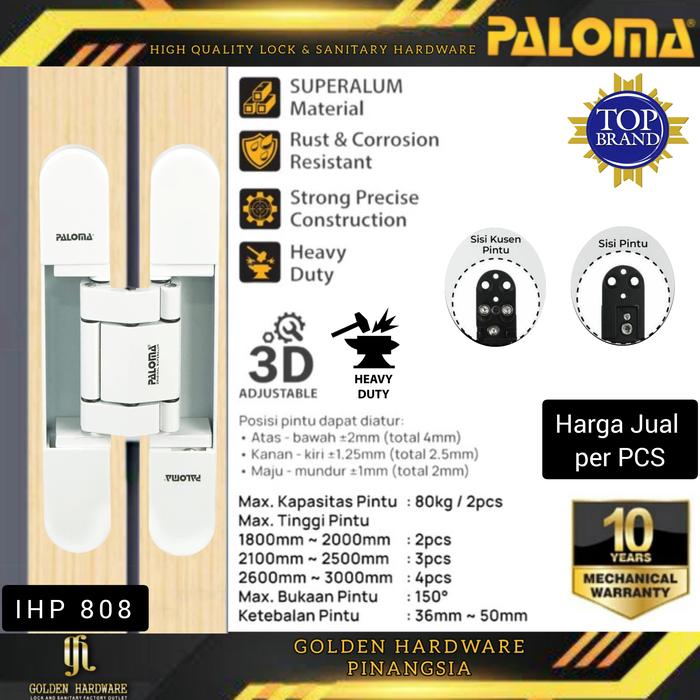 Jual ENGSEL TANAM PINTU CONCEALED INVISIBLE HINGE D80 PUTIH PALOMA IHP ...
