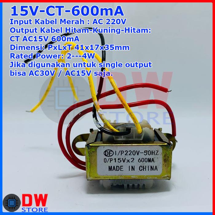 Jual Trafo Transformer Power Supply CT nonCT 220V AC 6V 9V 12V 15V 300mA-1A - 15V-CT-600mA - Kab ...