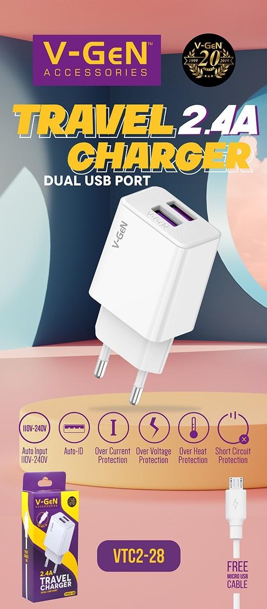 Jual Travel Charger V-GeN VTC2-28 2.4A Dual Port USB Adaptor Charger ...