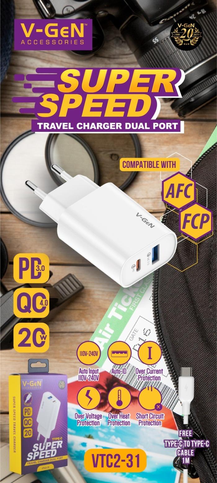 Jual Travel Charger V-GeN VTC2-31 20W Fast Charging QC4.0 PD Dual Port ...