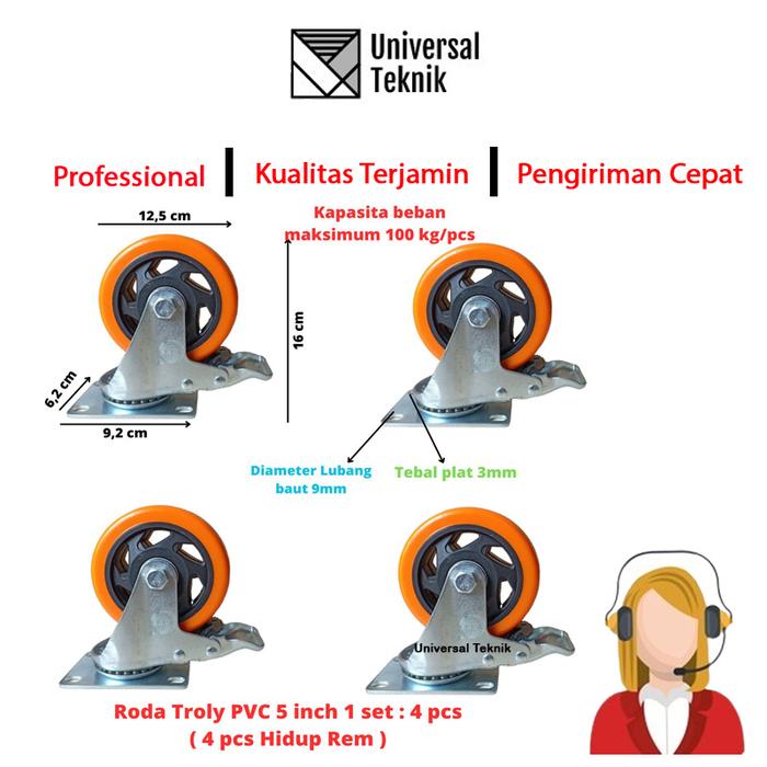 Promo Roda Troli PVC Caster orange 5 inch 1 set : 4pcs ( 4 Hidup Rem ...