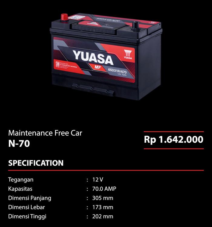 Promo Aki Mobil Yuasa N70 Maintenance Free 12V 70Ah Accu Kering MF Cargo Cicil 0% 3x - Kota ...
