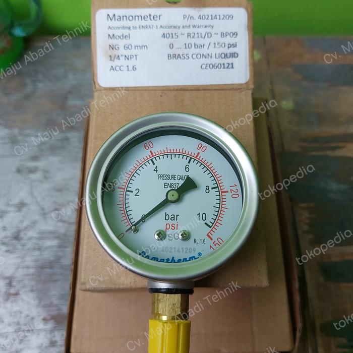 Jual PRESSURE GAUGE MANOMETER LIQUID 1/4" INCH DIAMETER 2" INCH (10 BAR ...