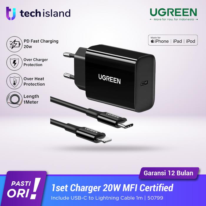 Jual Ugreen PD Fast Charger Set 20w+USB-C to Lightning Cable MFI CD137 - Black - Kota Malang ...
