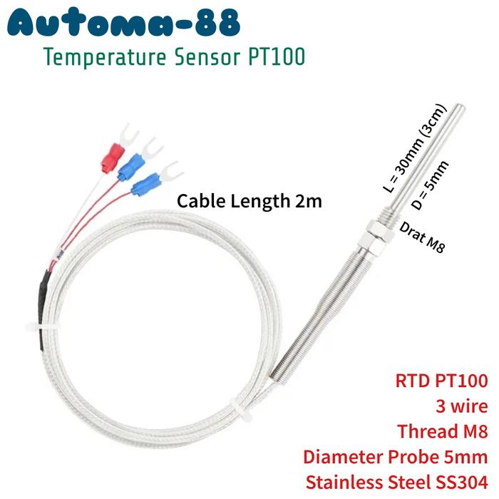 Jual Thermocouple PT100 kabel 2m 30mm 3cm M8 Temperature Sensor 3 Wire - Kab. Bekasi - Automa-88 ...