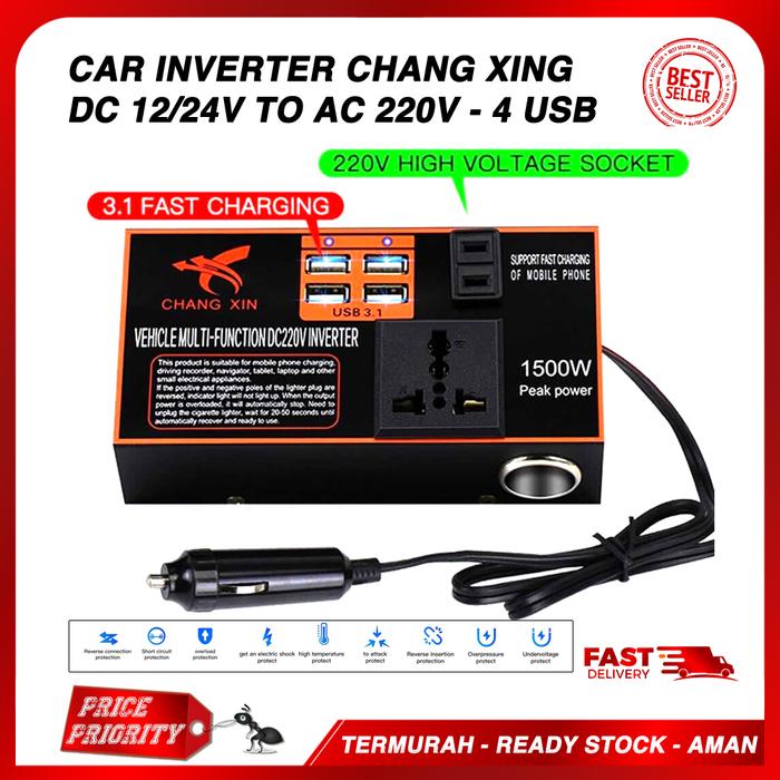 Jual Car Power Inverter Mobil DC 12V/24V to AC 220V 1500W 4 USB Charger ...