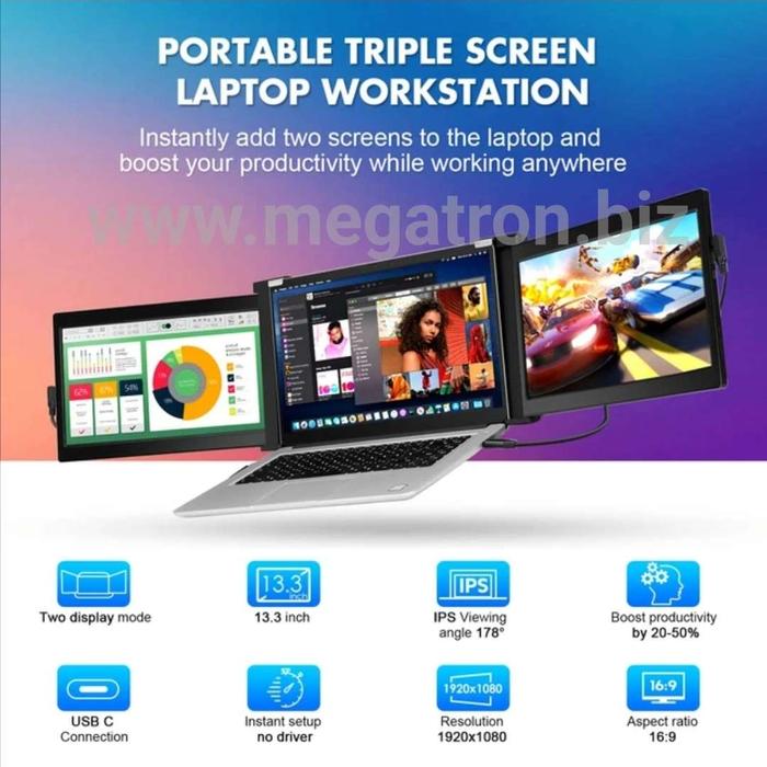 Jual Portable Triple Screen Monitor 13 inch (cocok utk laptop 14" - 17 ...