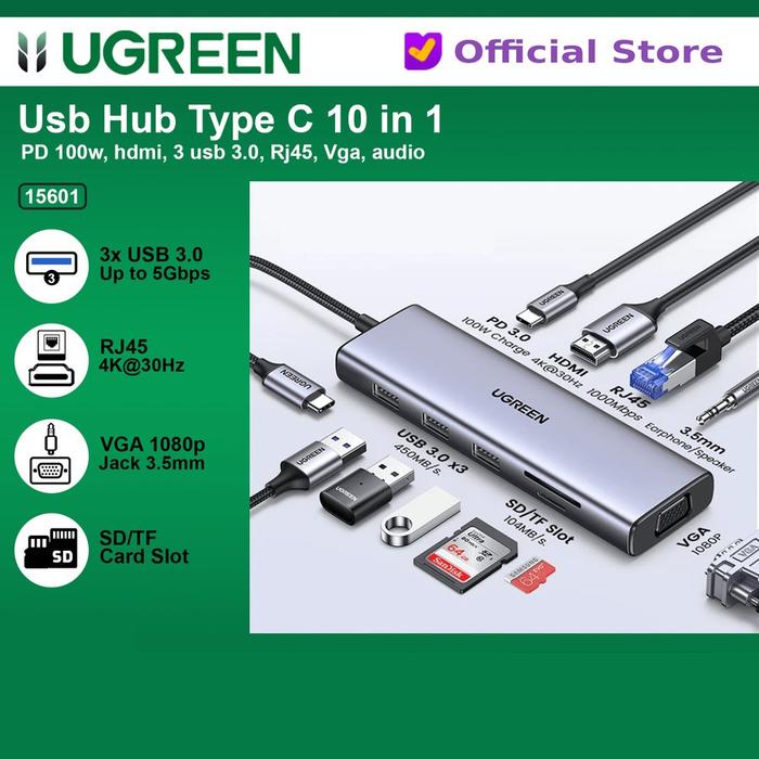 Promo UGREEN USB Hub Type-C 10 IN 1 To RJ45 HDMI 4K VGA SD Card Aux 3 ...