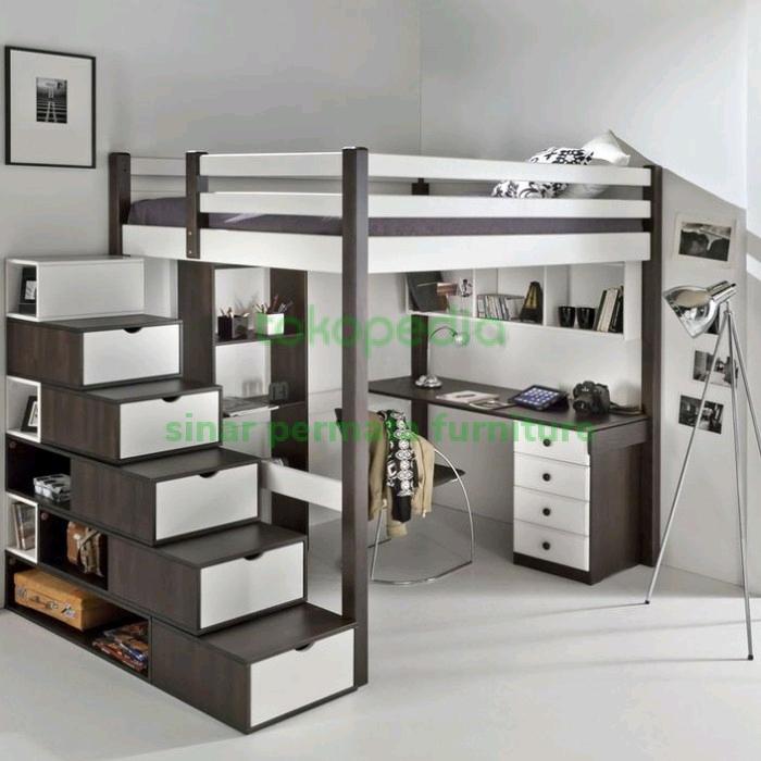 Jual tempat tidur tingkat tangga laci + rak buku.. bawah meja belajar ...