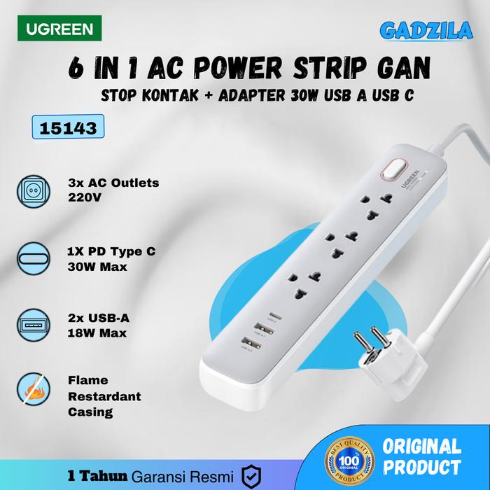 Jual UGREEN Colokan Stop Kontak Smart Power 3 Plug Charger USB + Type C ...