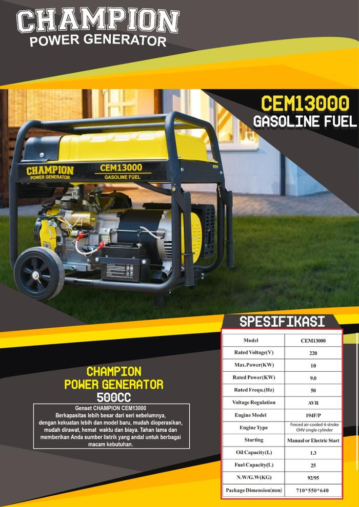 Jual Genset 10000 Watt 1 Phase Bensin Champion CEM 13000 - Jakarta ...