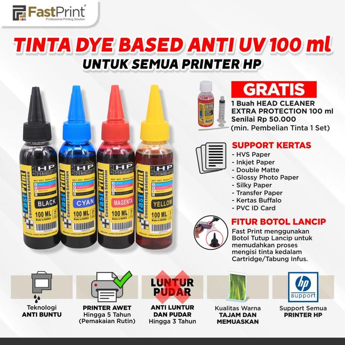 Jual Fast Print Tinta Printer Refill Dye Anti UV HP 1 Set 4 Warna 100 ...