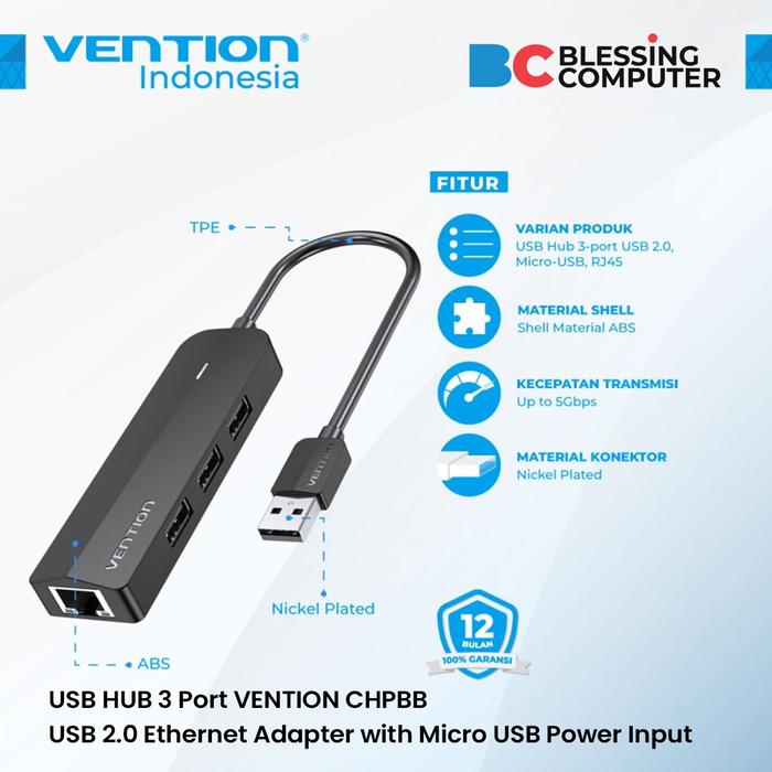 Jual USB HUB 3 Port VENTION CHPBB USB 2.0 Ethernet Adapter with Micro ...