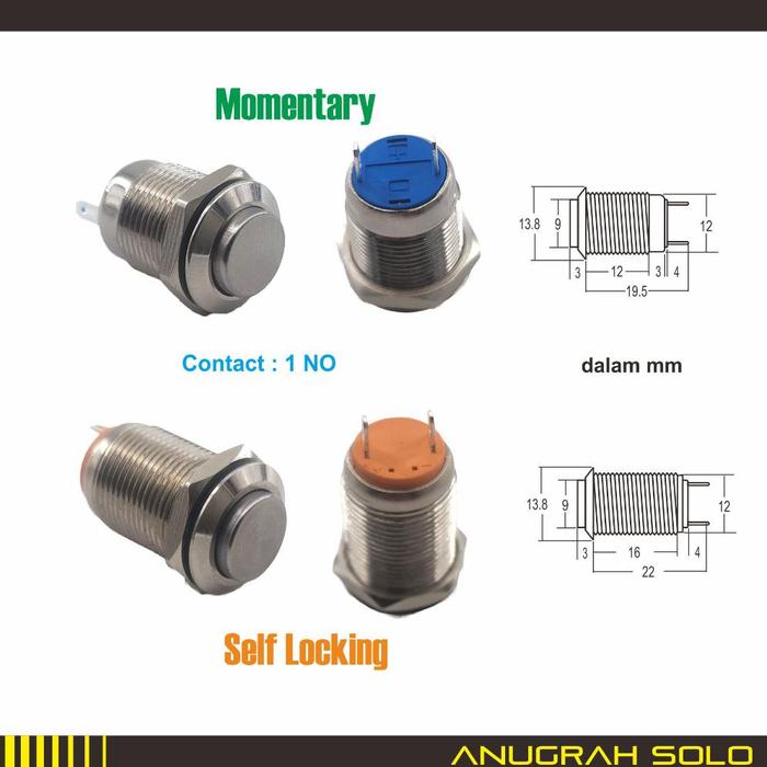 Jual Metal Push Button Pushbutton Tombol Tekan Push ON 12mm 16mm 19mm ...