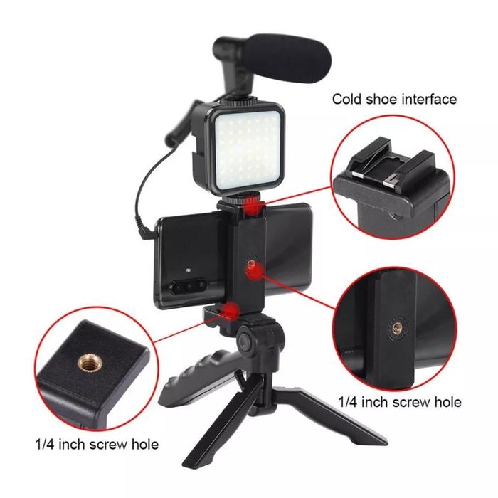 Jual Vlogger Mini Tripod Mic Condenser Led Microphone Hp Holder Paket ...