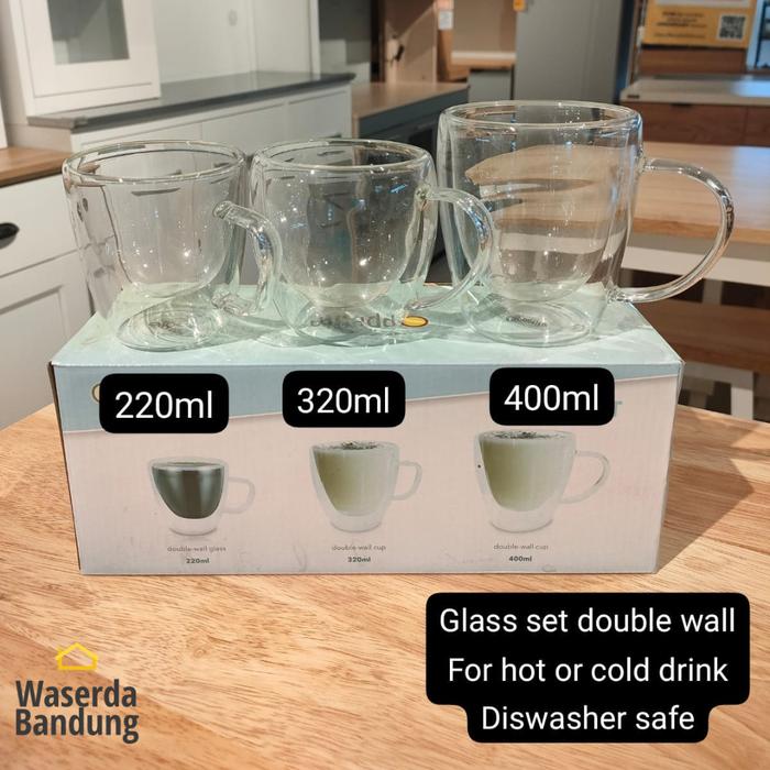 Jual Set Gelas Mug Kaca Bening Untuk Minuman Panas Dan Dingin Double ...