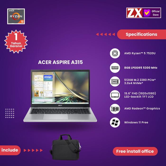 Promo Laptop Acer Aspire A315 AMD Ryzen 5-7520u 8GB/512GB 15" fhd ...
