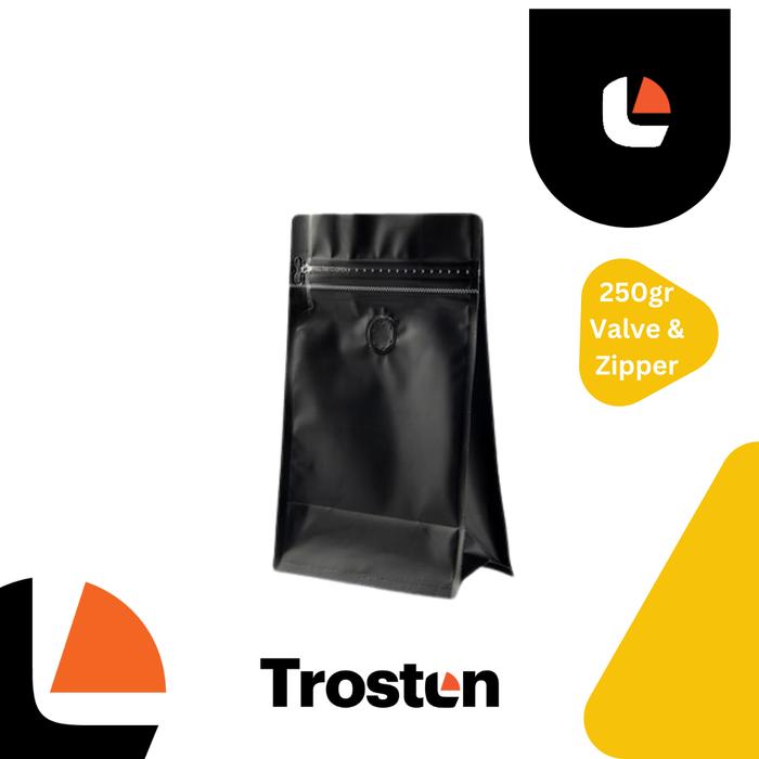 Jual Coffee Flat Bottom Kemasan Kopi 250 GRAM Valve + Zipper - Alumunium PE - Hitam - Kab ...