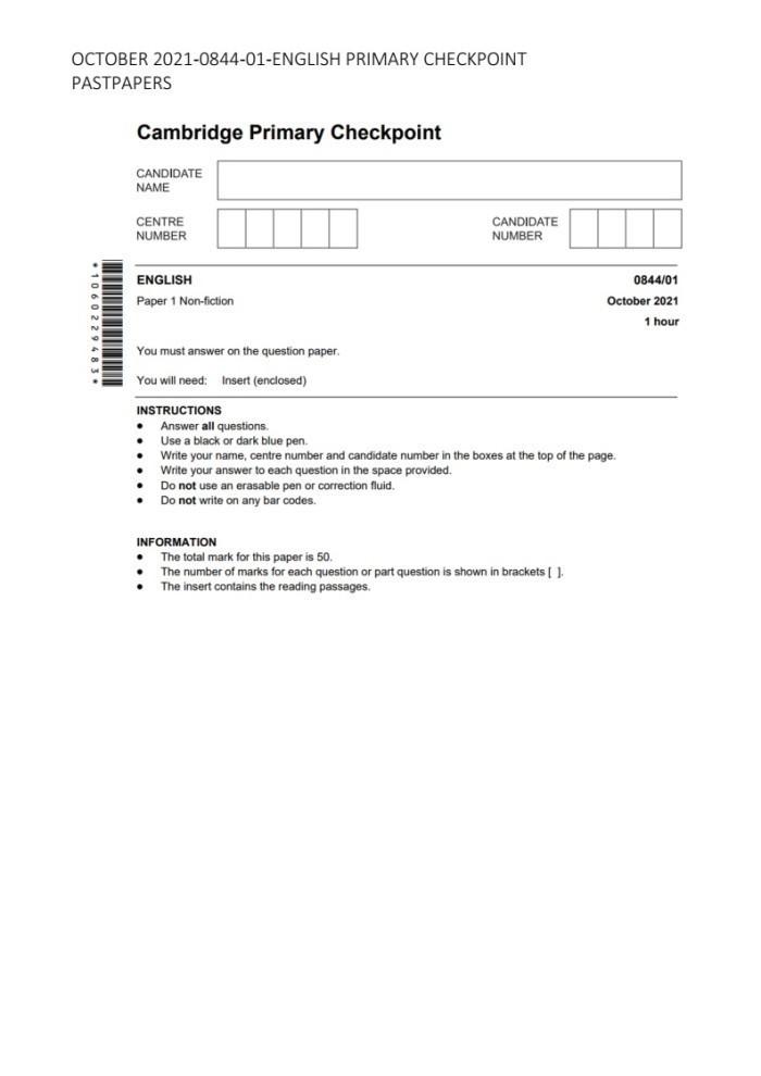 Jual Primary Checkpoint English 0844 2017-2022 past papers and mark ...